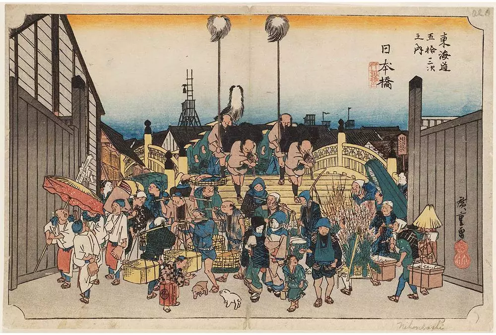 Medienos blokelių spaudinys iš serijos „Penkiasdešimt trys Tokaido kelio stotys“, kurią sukūrė Utagawa Hiroshige.