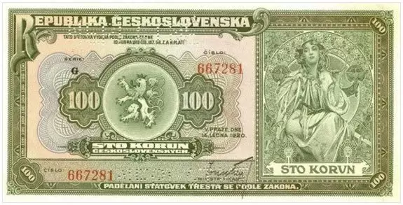 La prima denominazione da 100 corone della Cecoslovacchia, progettata da Mucha