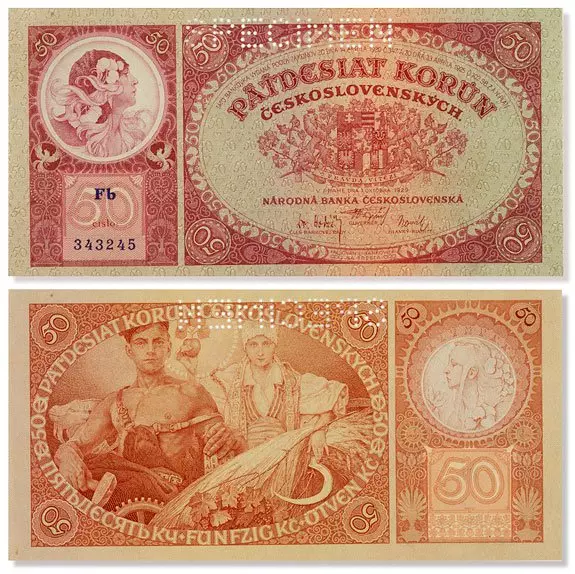 Przód i tył banknotu 50 koron, zaprojektowany przez Mucha