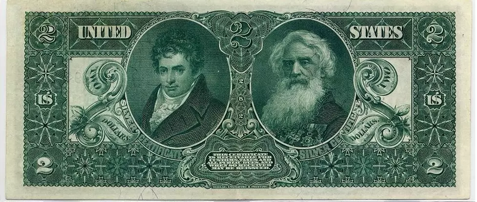 Mbalik saka 1896 $2 sertifikat perak. Desain dening Thomas Morris, diukir dening Geroge Smillie lan Charles Schlecht, potret Robert Fulton lan Samuel Morse dening Lorenzo Hatch, tinta ijo ing kertas