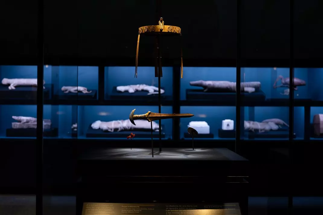 Utsikt över artefakter som visas i ett mörkt rum