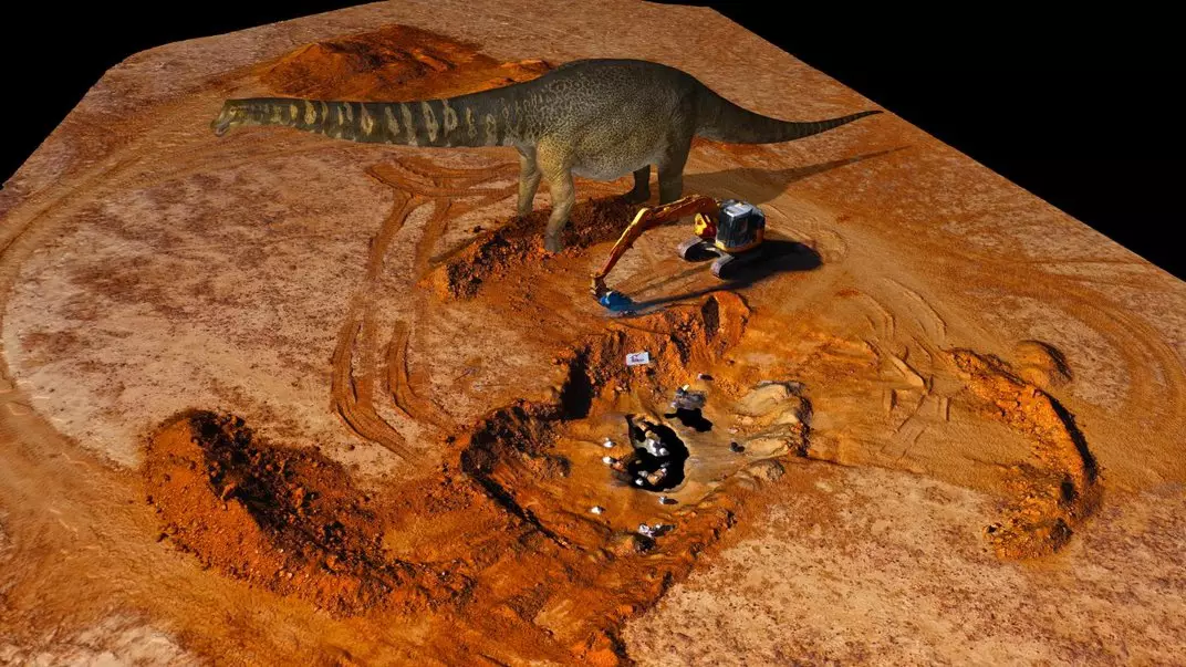 Imej yang membandingkan saiz dinosaur Australotitan cooperensis dengan tapak penggaliannya.