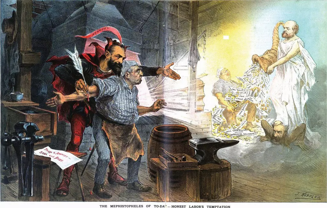 ನ್ಯೂಯಾರ್ಕ್ನ ಮೇಯರ್ಗಾಗಿ ಹೆನ್ರಿ ಜಾರ್ಜ್ನ 1886 ರ ವಿಫಲ ಪ್ರಚಾರದ ಸಮಯದಲ್ಲಿ ಚಿತ್ರಿಸಿದ ಕಾರ್ಟೂನ್