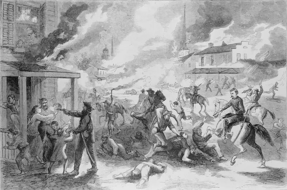 Een afdruk van Harper's die Quantrill's raid op Lawrence, Kansas, 21 augustus 1863 laat zien