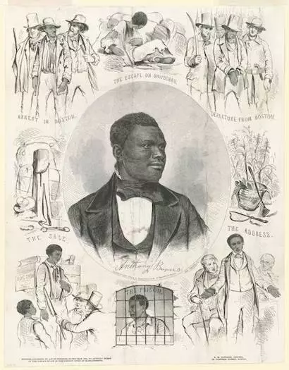 Un grabado creado en Boston en la década de 1850 que muestra a Anthony Burns y escenas de su vida.