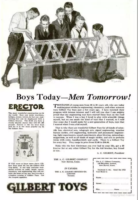 Cetak iklan untuk Set Erector, sekitar tahun 1922