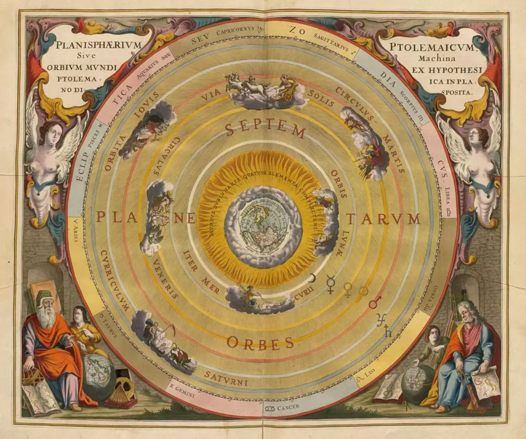 Het op de aarde gecentreerde universum van Ptolemaeus met de maan, Mercurius, Venus, de zon, Mars, Jupiter en Saturnus in een baan om onze planeet.