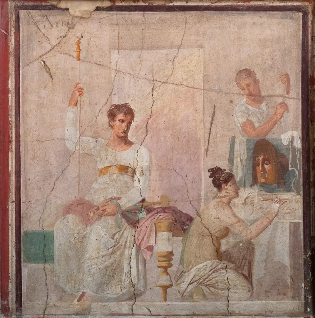 Freskomaleri av en sittende skuespiller kledd som en konge og kvinneskikkelse med et lite maleri av en maske, datert til mellom 30 og 40 e.Kr.