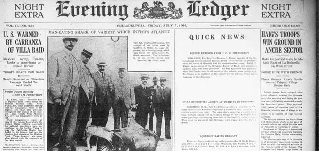 Primeira página do Evening Ledger 7 de julho de 1916