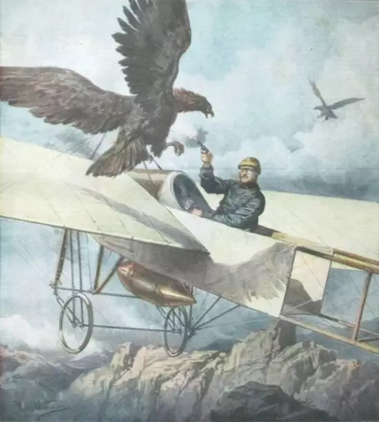 Eugene Gilbert në Bleriot XI i sulmuar nga shqiponja mbi Pyrenees në 1911 paraqitur në këtë pikturë