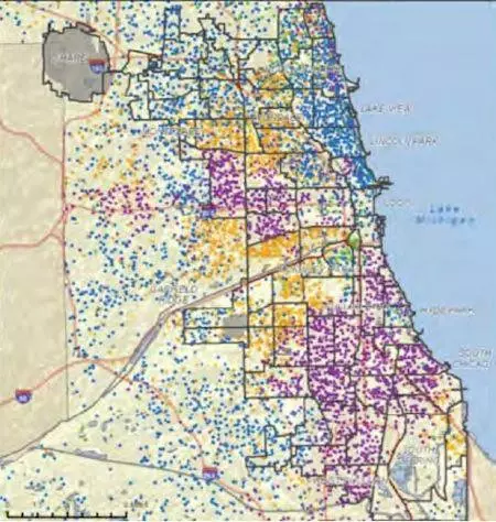 Chicago d'Rassegregatioun. Blo Punkte representéieren Wäiss, während purpurroude Punkte Schwaarz representéieren.