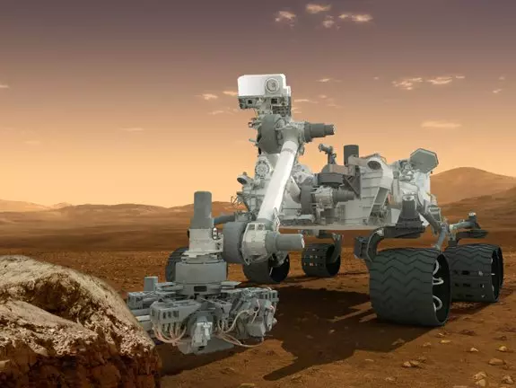 Renderização artística do Curiosity cruzando a superfície marciana