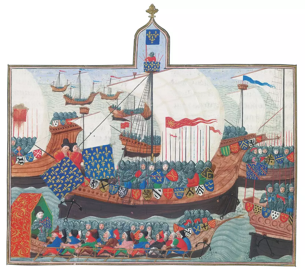 sebuah halaman dari salinan terang dari narasi abad pertengahan yang dikenal sebagai Froissart's Chronicles, diilustrasikan pada 1470-an, menunjukkan Angkatan Laut Prancis di laut. Para ahli percaya bahwa kapal perang di tengah sangat mirip dengan Gribshunden.