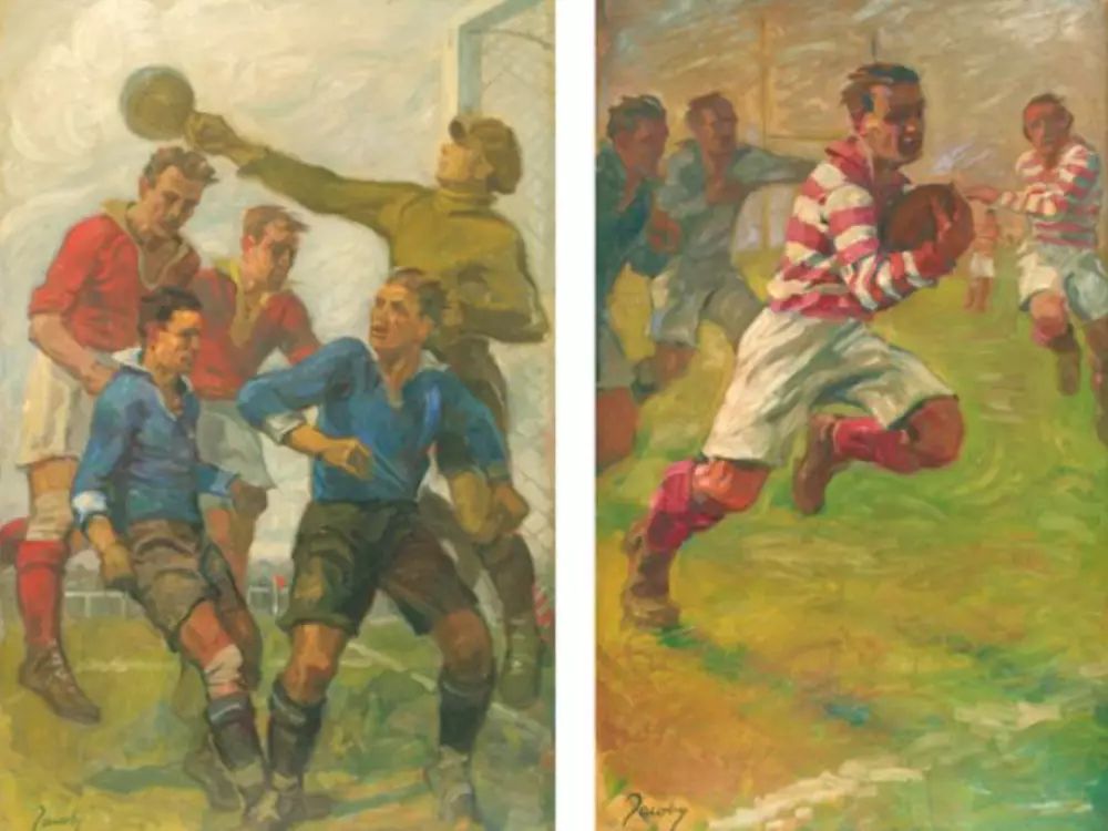 Jean Jacoby's Corner, links, en Rugby. Op de Olympische kunstwedstrijden van 1928 in Amsterdam won Jacoby een gouden medaille voor rugby. (Collectie: Olympisch Museum Lausanne)