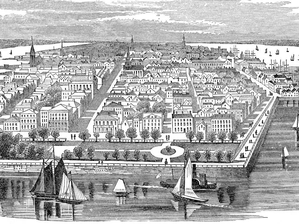 Charleston, Južna Karolina, osnovan je 1670. godine i najstariji je grad u državi. Crtež ga prikazuje 1860. godine.