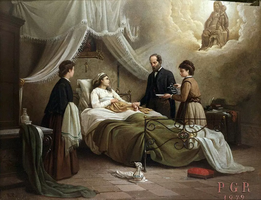 Oljemålning från 1872 av en kvinna i sängen på ett sjukrum, undersökt av en läkare