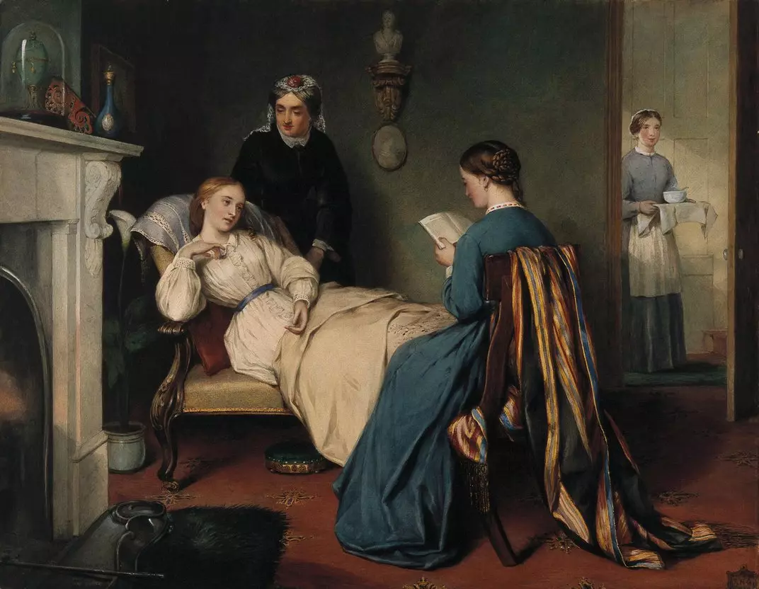 בצבעי מים זה מהמאה ה-19 מאת ר"ה ג'יילס, ילדה קוראת להחלמה בעוד אחות מביאה את התרופה של החולה.