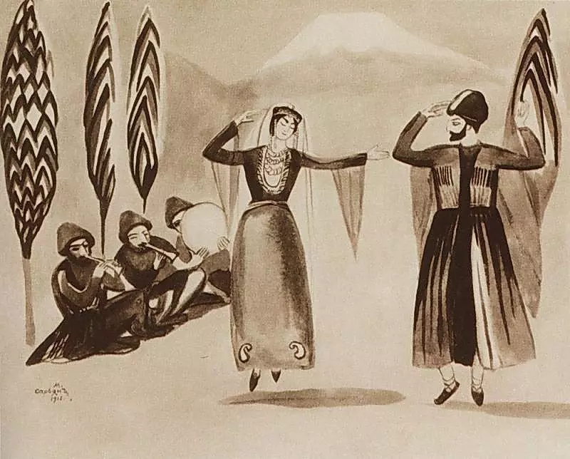 Portrét tradičného arménskeho ľudového tanca uprostred hornatého pozadia