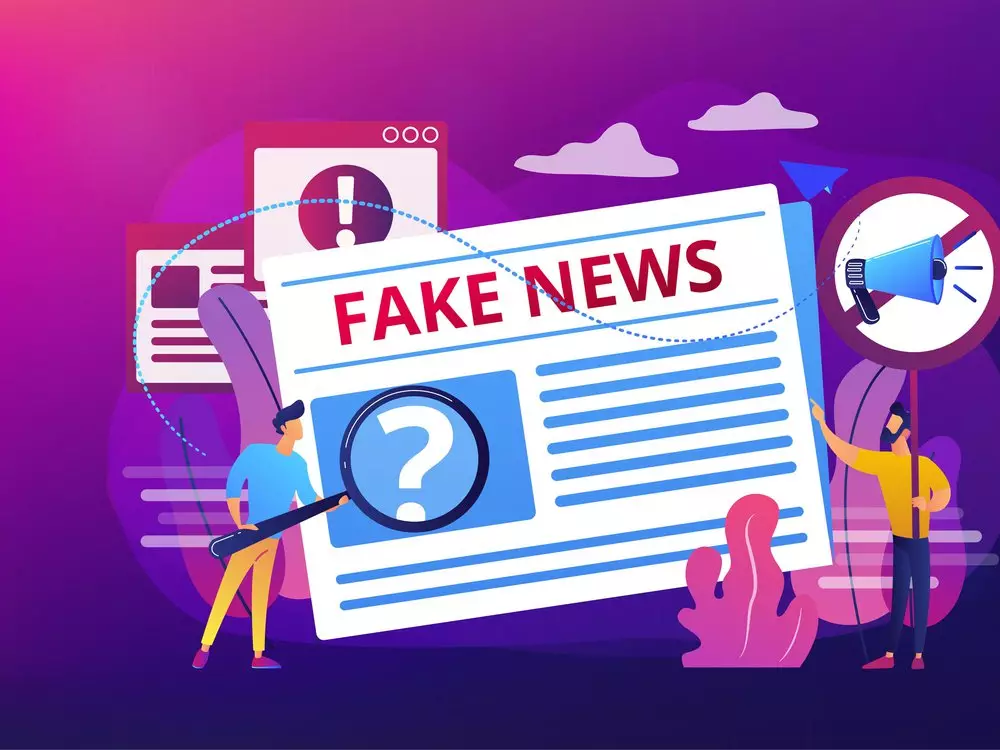Grafik, die einen Cartoon mit einer Lupe zeigt, der eine Zeitung mit der Überschrift „Fake News“ inspiziert