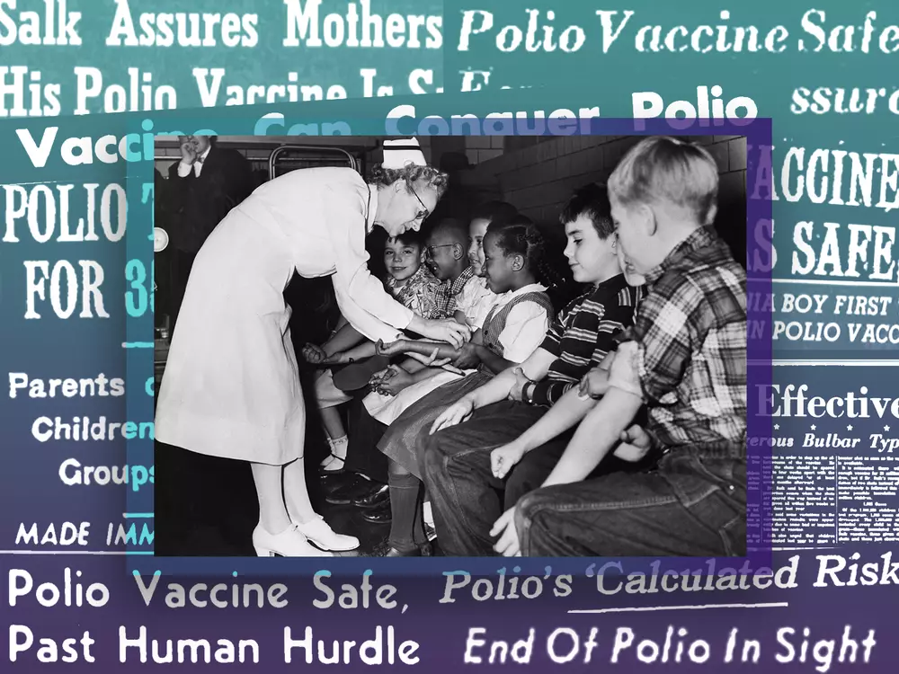 پرستاری که به کودکان واکسن فلج اطفال می دهد در مقابل کلاژ تیترهای مربوط به واکسن