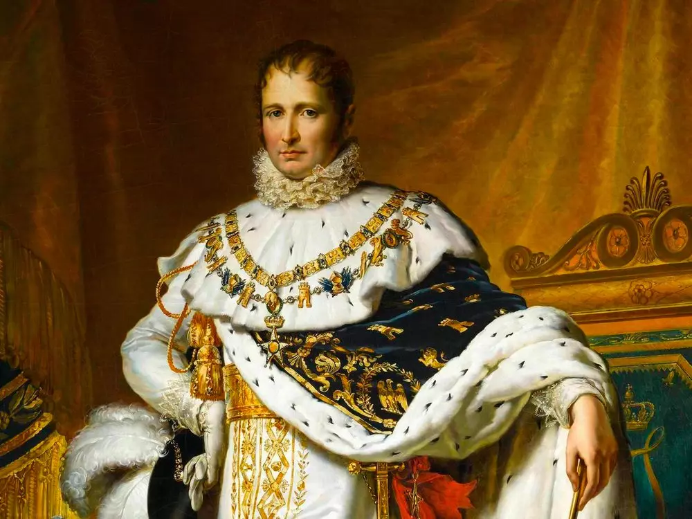 Un portret de stat al lui Bonaparte, stând într-o poziție regală, îmbrăcat cu blănuri extravagante, podoabe, aur și mătase albă; ține într-o mână un sceptru și stă în fața unei perdele elegante de aur