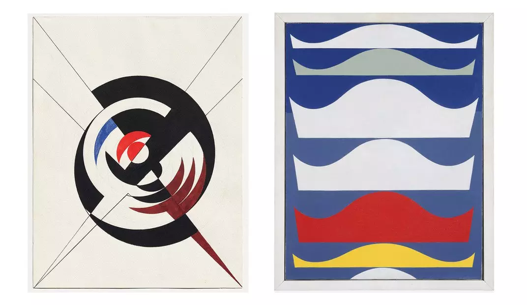 Sol, Sophie Taeuber-Arp, Construction d'un cercle noir et segments bordeaux, rouges et bleus, 1942. Sağ, Sophie Taeuber-Arp, Farbige Staffelung, 1939.