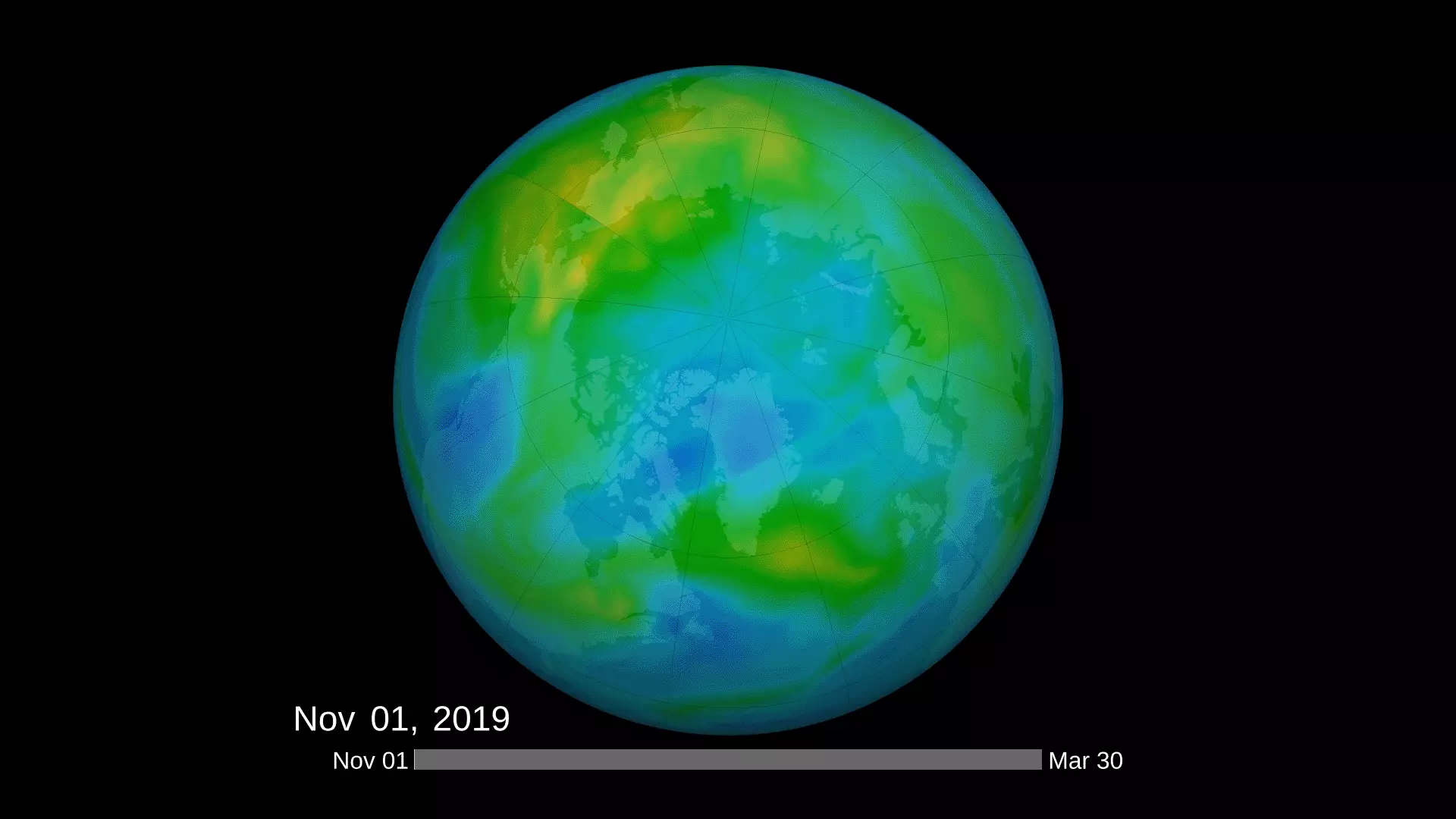 De mörkblå nyanserna på kartan representerar ett hål i ozonet som spricker upp i mars i år.