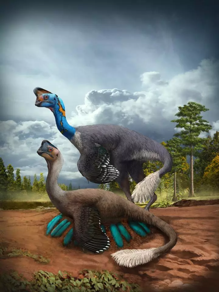 Przedstawienie artysty przedstawia lęg dwóch dinozaurów owiraptorydów na gnieździe niebiesko-zielonych jaj