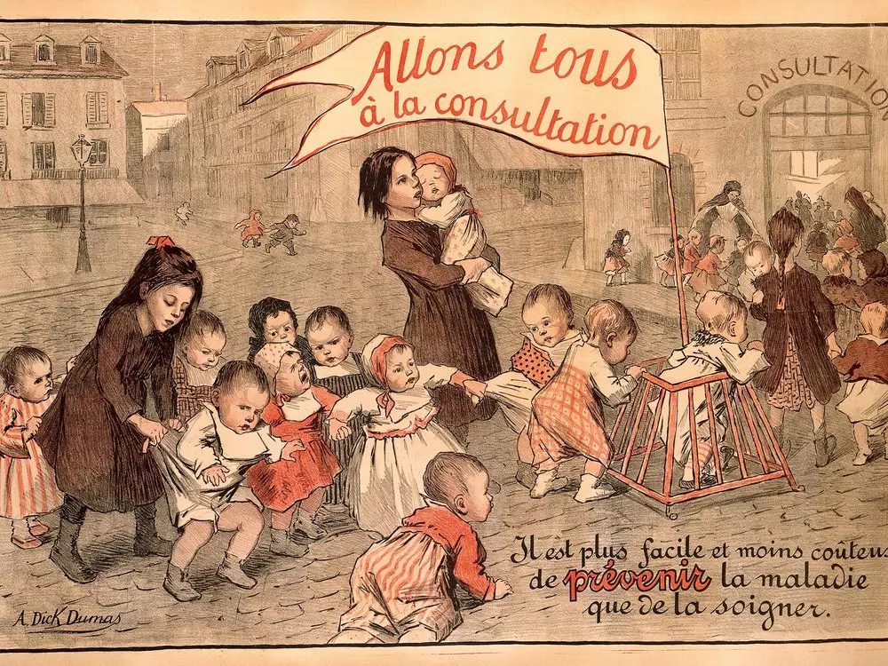 爱丽丝·迪克·杜马斯（Alice Dick Dumas）的石版画描绘了儿童去诊所进行健康检查以防止疾病进展