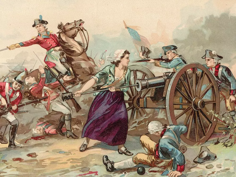 Ilustrasi Mary Ludwig Hays McCauley, kamungkinan inspirasi pikeun Molly Pitcher, nyodorkeun mariem pikeun artileri Pennsylvania AS nalika Patempuran Monmouth