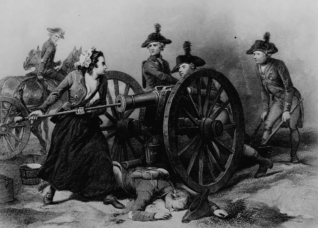 Molly Pitcher'ı Monmouth Savaşı'nın merkezine yerleştiren 1859 tarihli bir gravür