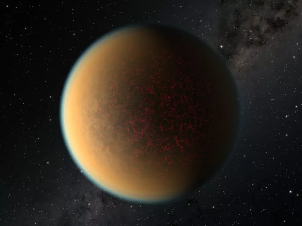 Umělcovo ztvárnění exoplanety ve vesmíru ukazuje její prasklý povrch, kde láva prosakuje tenkou skalní krustou