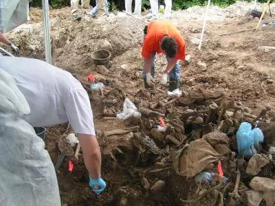 Työntekijät tutkivat jäännöksiä joukkohaudassa Itä-Bosniassa vuonna 2004.
