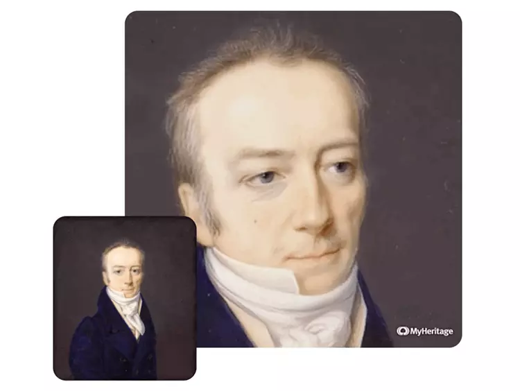 James Smithson di nêzîk de tê wêne kirin. Kirasekî qijik bilind û qapûtekî şîn li xwe kiriye