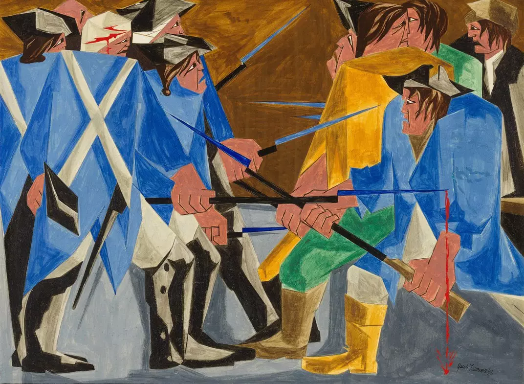 Ein eckiges, farbenfrohes Gemälde von Männern in hellblauen Mänteln, die lange, stachelige Bajonette aufeinander richten; Rechts tragen die Männer ein buntes Durcheinander, während die Männer links blau-weiße Uniformen tragen