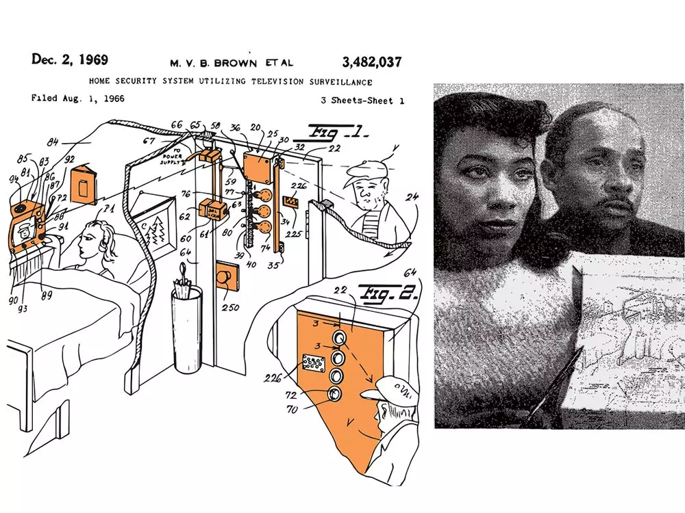 cais am batent ar gyfer system diogelwch cartref a delwedd o fenyw a dyn yn arddangos y patent