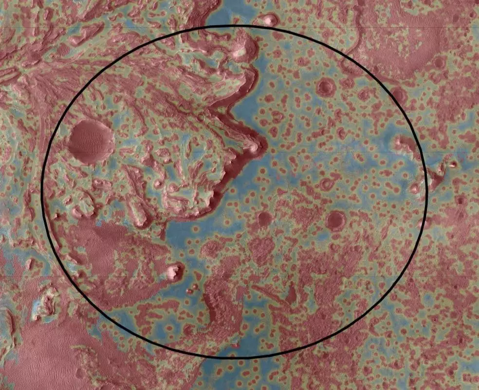 Карта на повърхността на Марс показва характеристики, подчертани в червено и синьо