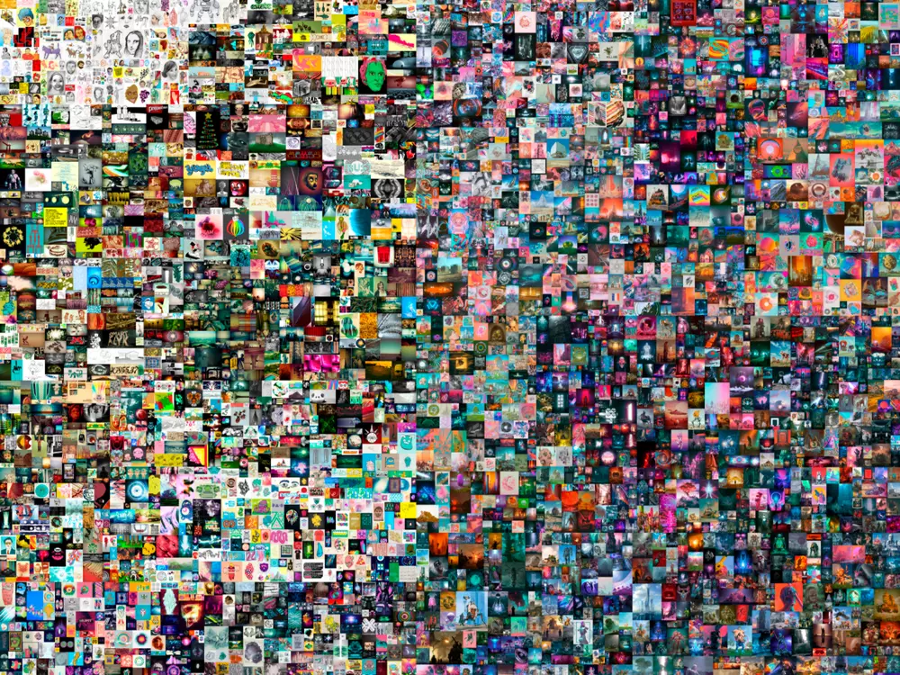 O panoramă împletită de 5.000 de desene individuale, toate vizibile ca mici pătrate de mai multe culori
