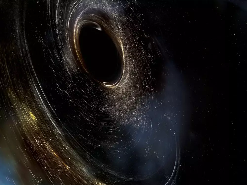 Konstnärens uppfattning om två sammanslagna svarta hål, som snurrar på ett oriktigt sätt.