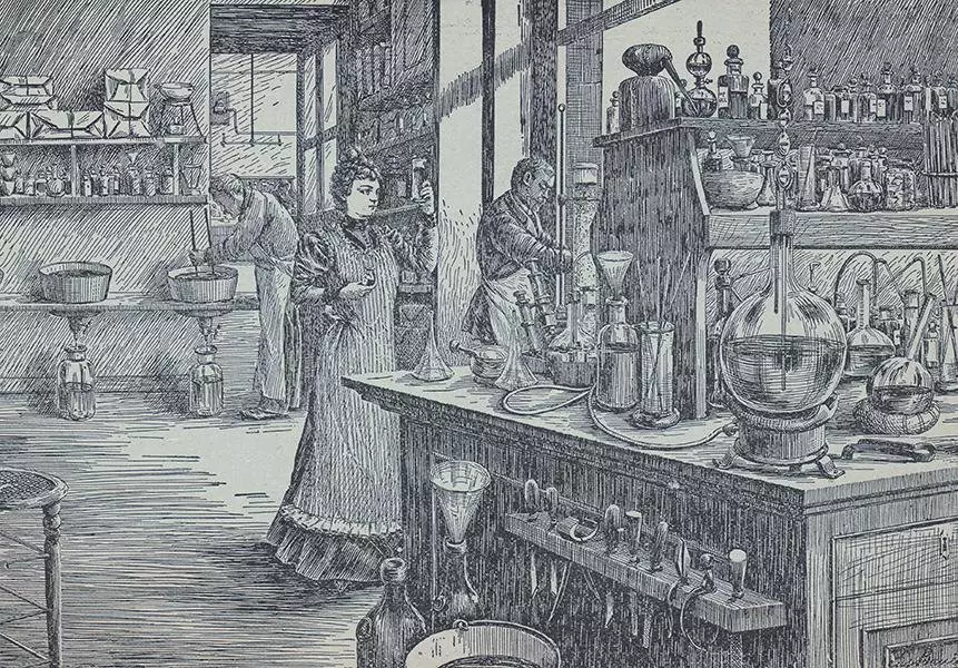 'n Skets van Madam Yale in haar laboratorium.