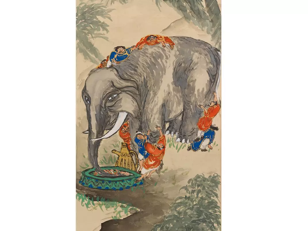 Scroll painting nga Blind Man Appraising an Elephant, Tomioka Tessai, 1921