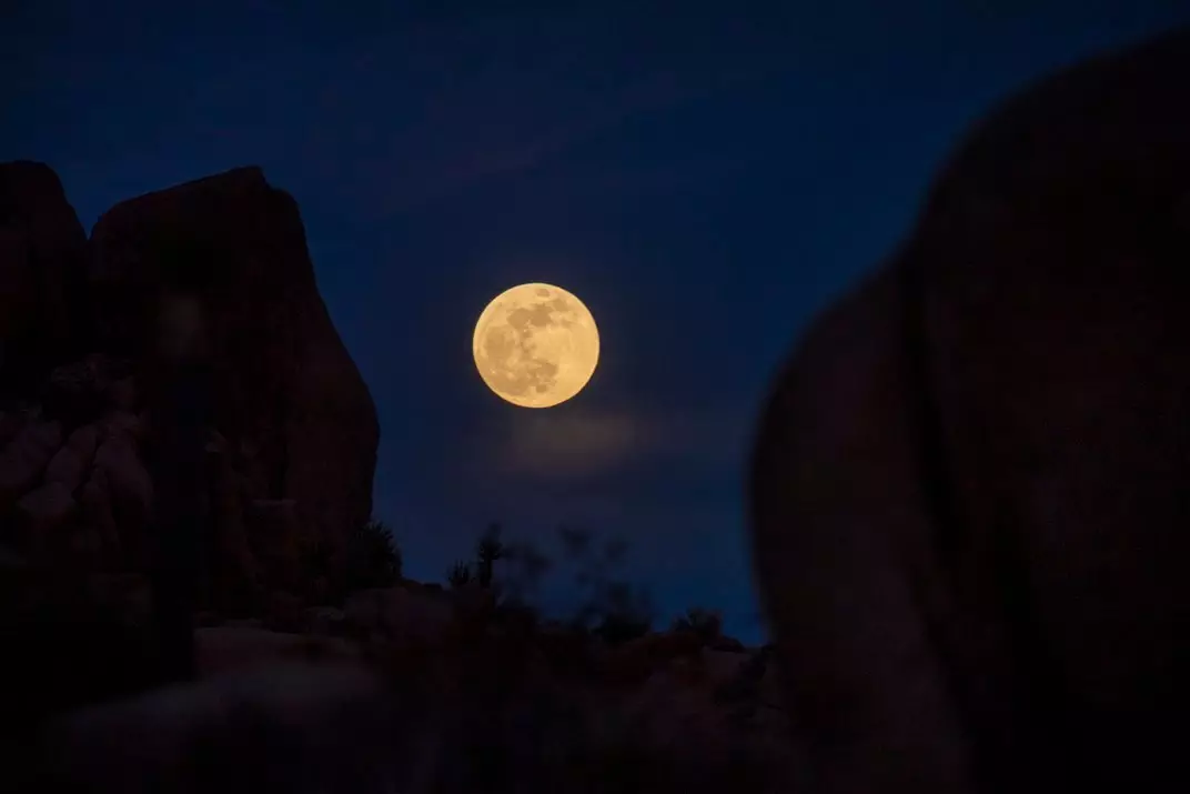En gullig, enorm måne rejser sig over en mørk flådehimmel og forrevne sten