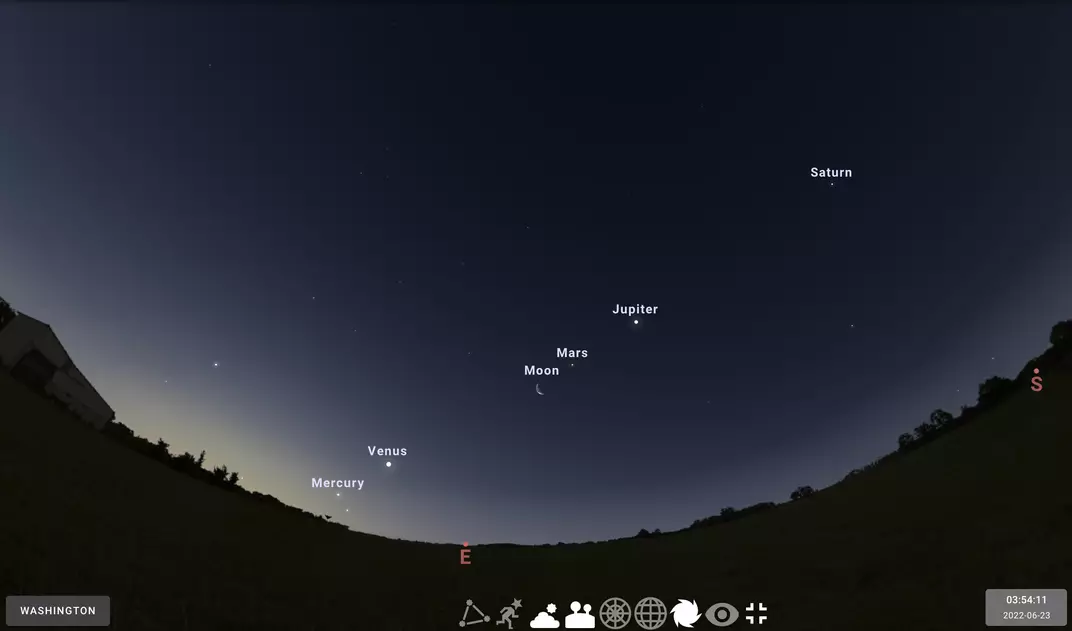 Ekrankopio de interreta vidigilo kiu montras la kurbon de la Tero, kaj en vico de maldekstre dekstren, Merkuro, Venuso, Marso, Jupitero kaj Saturno