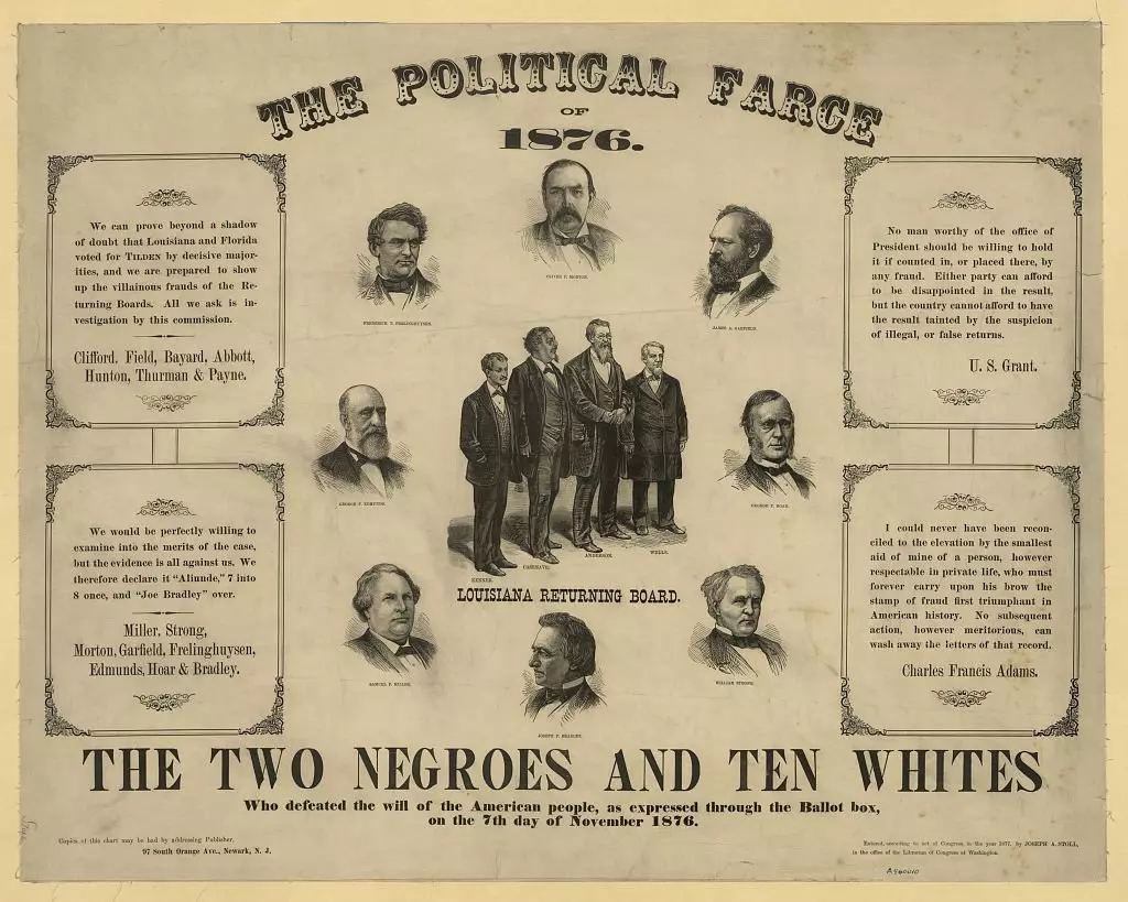 Kartun bergambar dengan THE POLITIK FARCE OF 1876 dan potret lelaki berbeza yang terlibat dalam perdebatan 1876 yang penuh