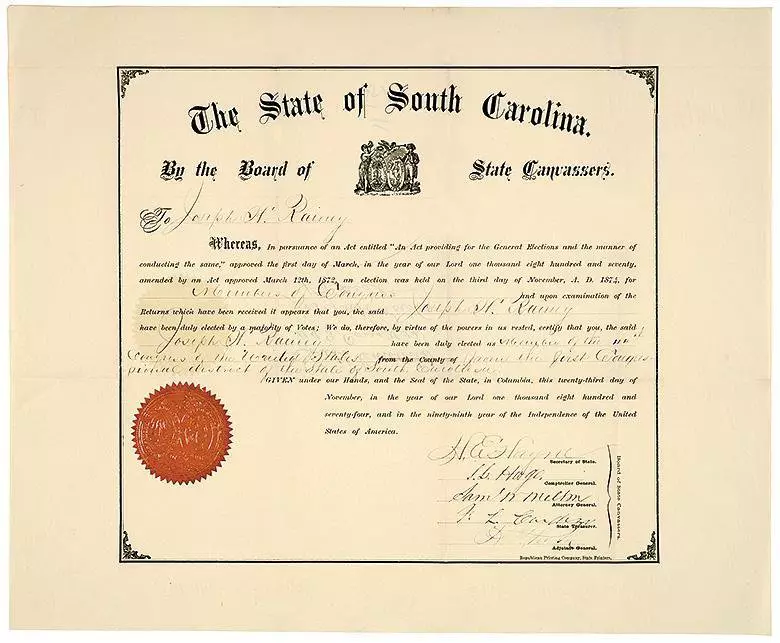 El certificat estatal que declara Rainey representant dels Estats Units