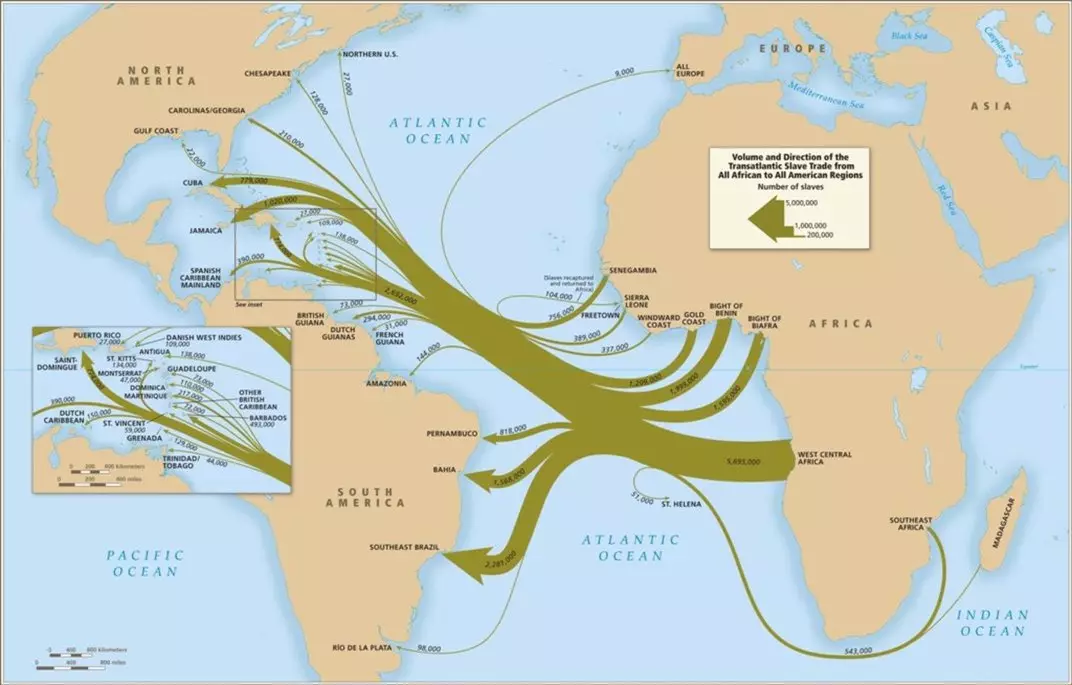 Volume e direção do comércio transatlântico de escravos de todas as regiões africanas para todas as americanas