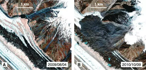 För- och eftervyer av landsidor som gled 2010 på Siachen-glaciären i norra Pakistan.