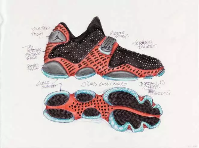 Sêwirana konseptê ji bo Nike Air Jordan XIII ji hêla Tinker Hatfield, 1996