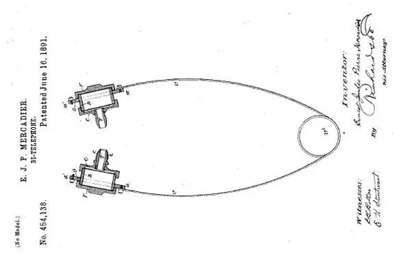Patent ya Mercadier yama earbuds amafoni, U.S. Patent No. 454,138