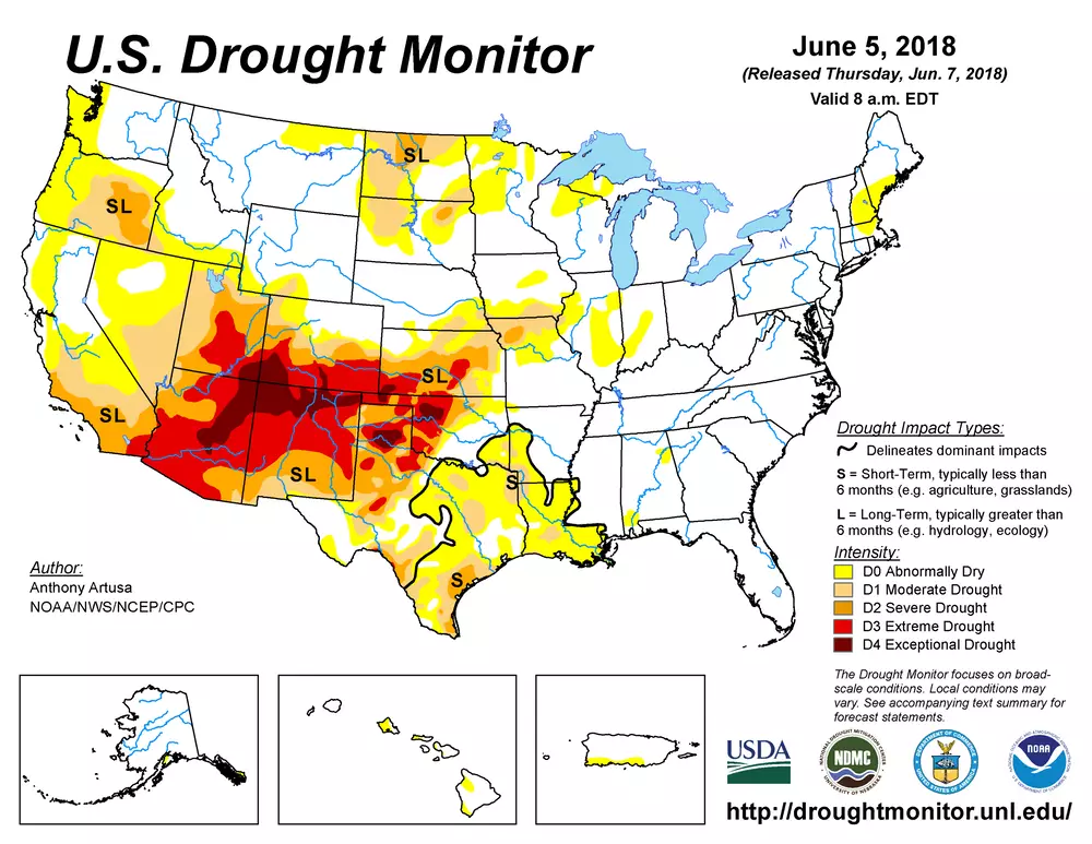 I begynnelsen av juni 2018 påvirket tørken 27 prosent av de nedre 48 statene.